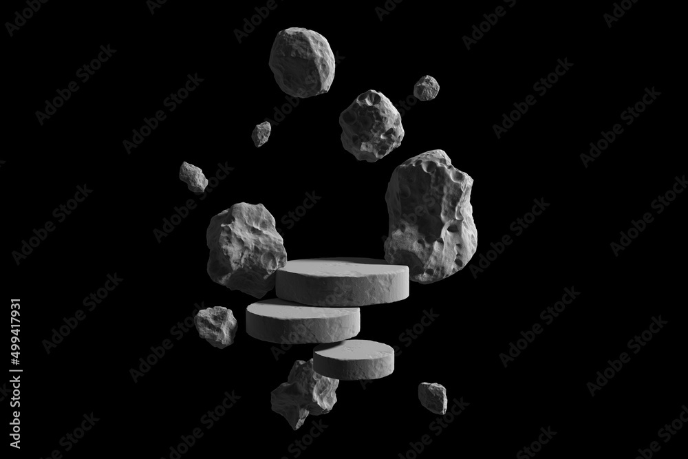 abstract display podium rock stone asteroid float outer space galaxy ...