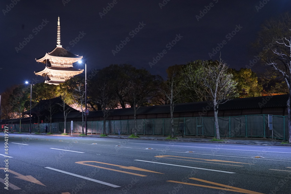 Night View, Five-story pagoda of Toji Temple and Sakura, Cherry Blossom ...