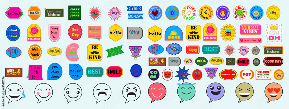 Sticker Pack with emoji. Collection of trendy pins. Set of cool patches ...