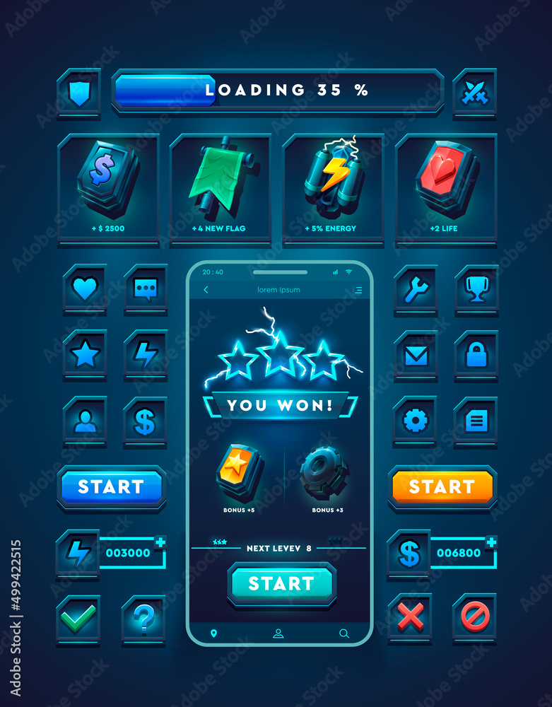 Set of icons and buttons for creating a space 2D game. Vector ...