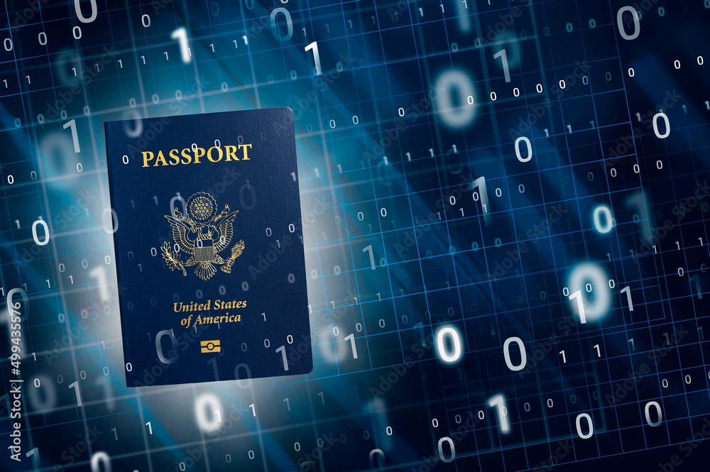 US e-passport with security chip and binary numbers, digital composite ...