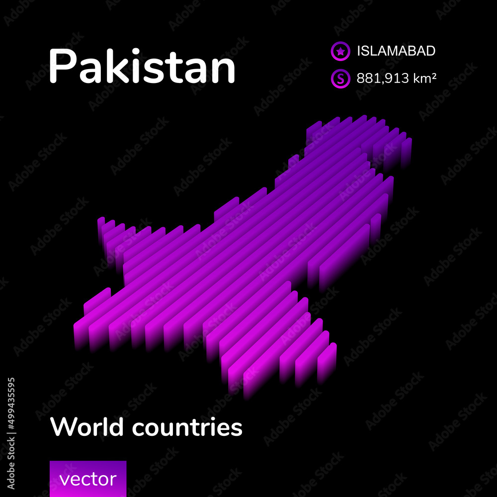 Pakistan 3D map. Stylized neon digital isometric striped vector ...