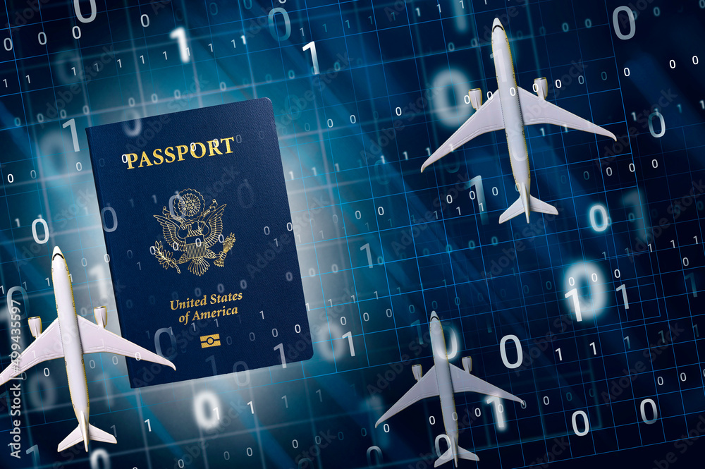US e-passport with airplanes and binary numbers, digital composite ...
