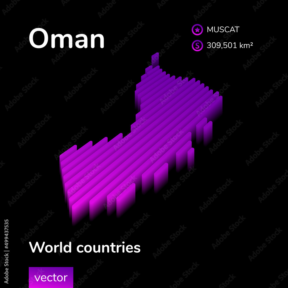 Oman 3D map. Stylized neon simple digital isometric striped vector Map ...