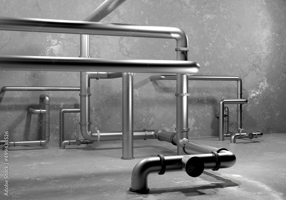 pipes plumbing. Gray engineering background. Boiler room background ...