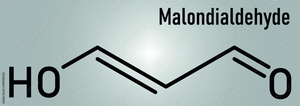 Malondialdehyde or MDA, enol form, molecule. Marker of oxidative stress ...