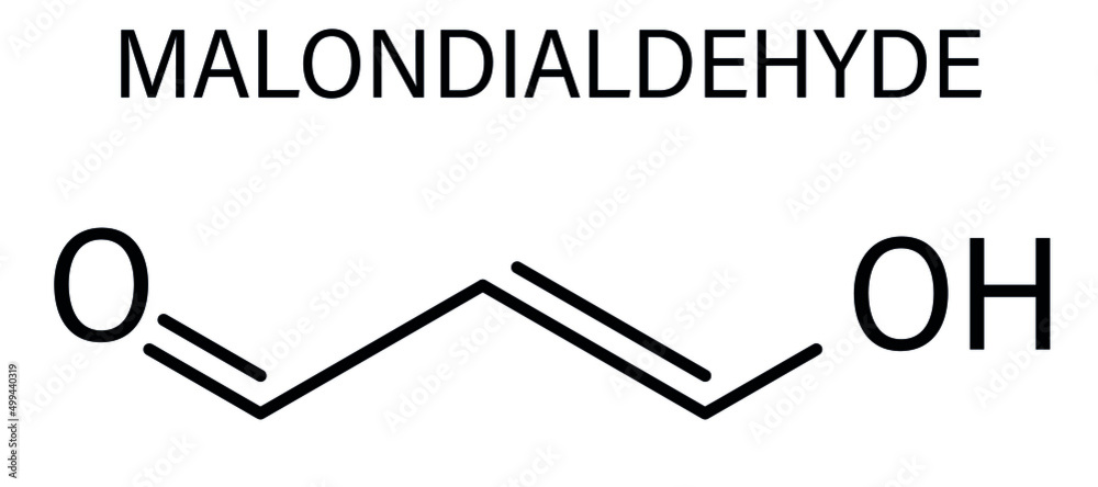 Malondialdehyde or MDA, enol form, molecule. Marker of oxidative stress ...