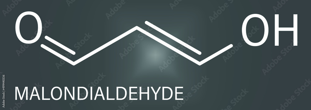 Malondialdehyde or MDA, enol form, molecule. Marker of oxidative stress ...