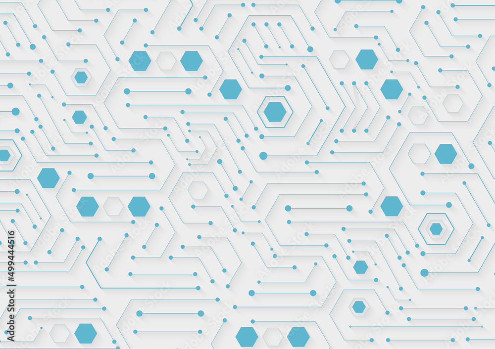 Futuristic electronic circuit technology and hexagon on while ...