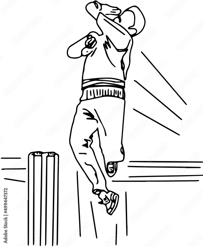 Outline sketch drawing of indian legend fast bowling action, line art ...