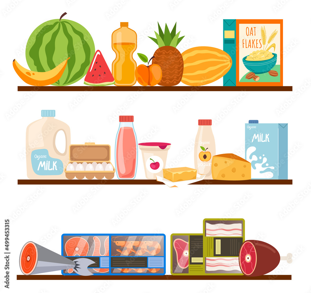 Food storage shelf isolated set collection. Vector flat cartoon design ...