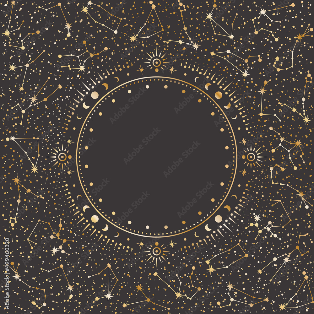 Vector mystical celestial background with golden zodiac constellations ...