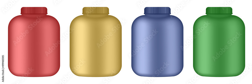 Realistic vector sport nutrition containers without label. Whey protein ...