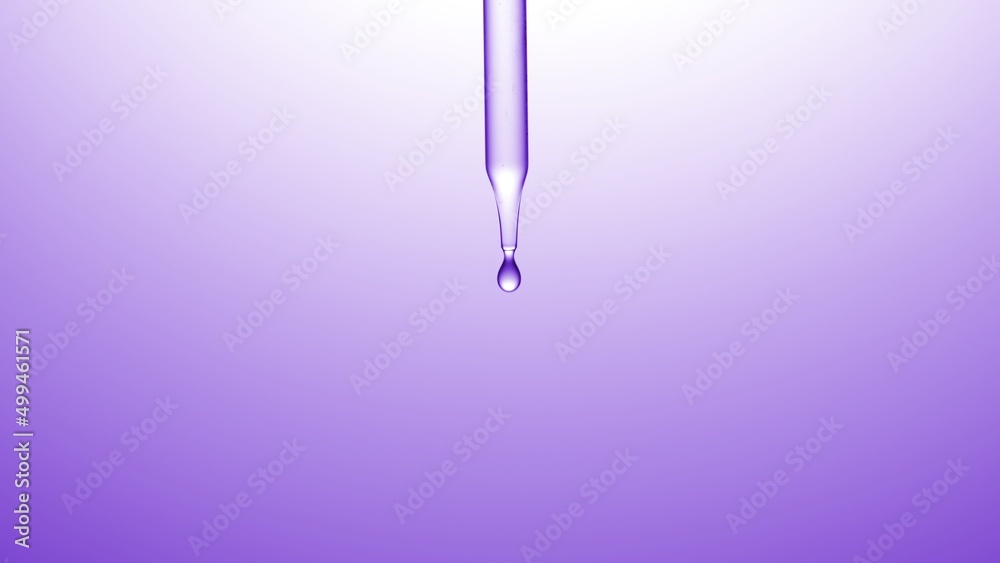 Macro shot of chemical dropper with clear transparent drop hanging from ...