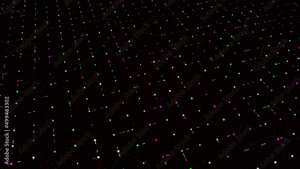 Square shaped grid with running tiny particles on a dark background ...
