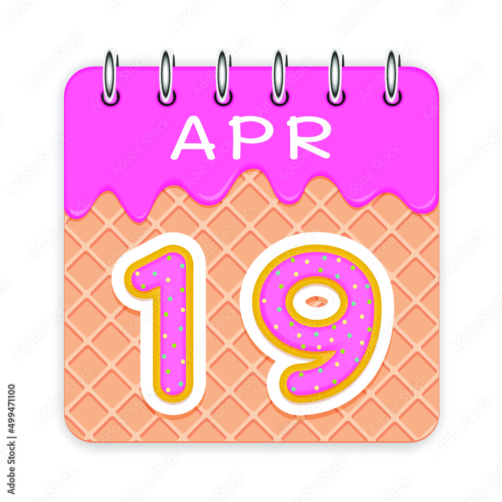 19 day of the month. April. Waffle cone calendar with melted ice cream ...
