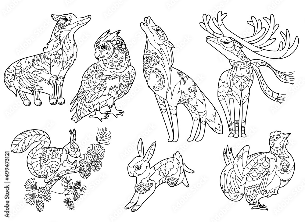 Contour linear illustration for coloring book with decorative forest ...