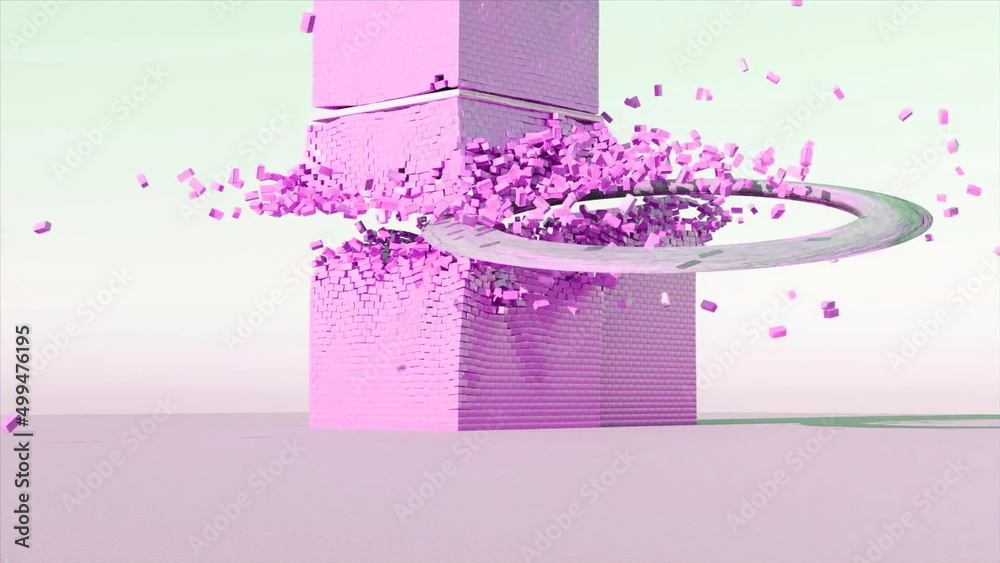 A white frisbee disk breaking a tall tower made of colorful bricks ...