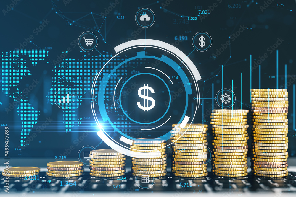 Abstract stacked golden coins with creative forex chart and dollar sign ...