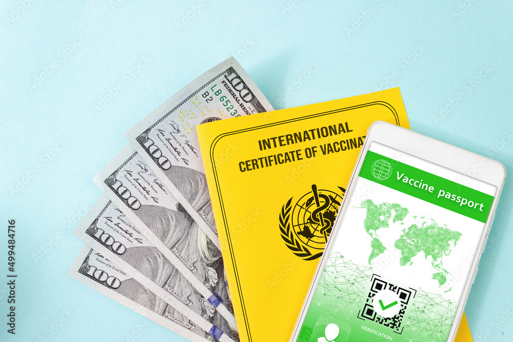 Covid-19 Control. Fake Yellow international certificate of vaccination ...