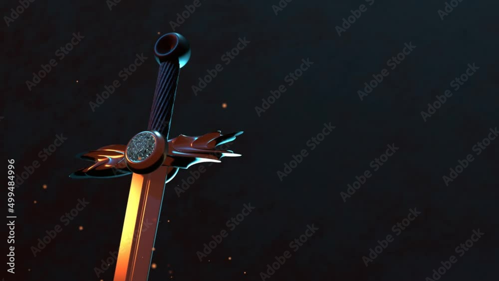 One decorated medieval sword with hilt close up on black background. 3D ...