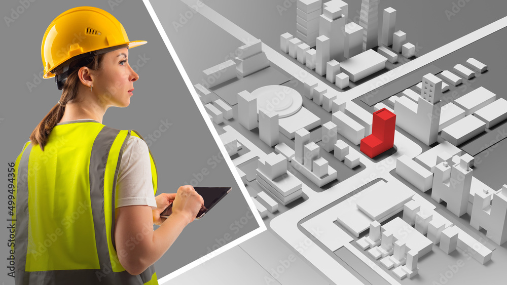 A female builder and a mock-up of the city. Building design. Urban ...