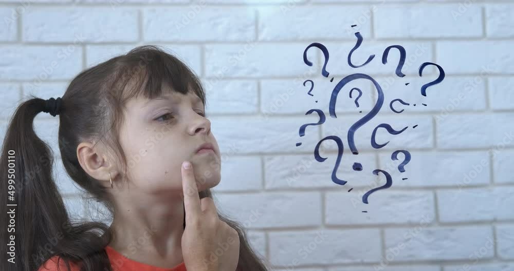 Child thoughts by question mark. An upset little girl think about her ...