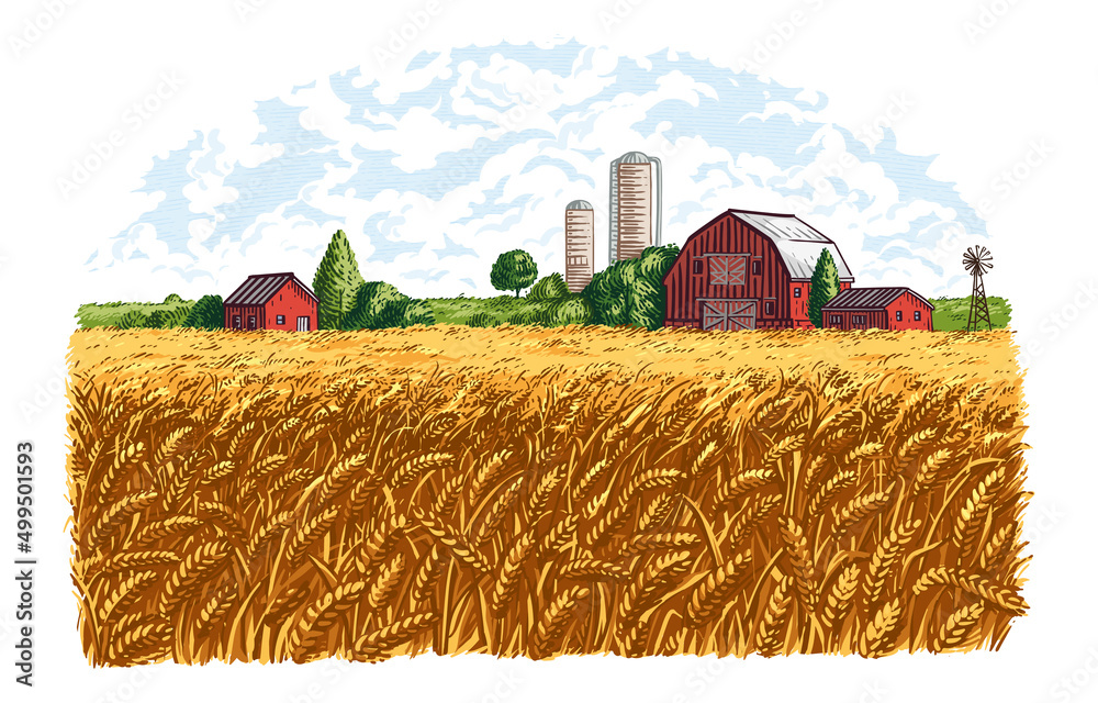 farm hand drawing sketch engraving illustration style Stock Vector ...