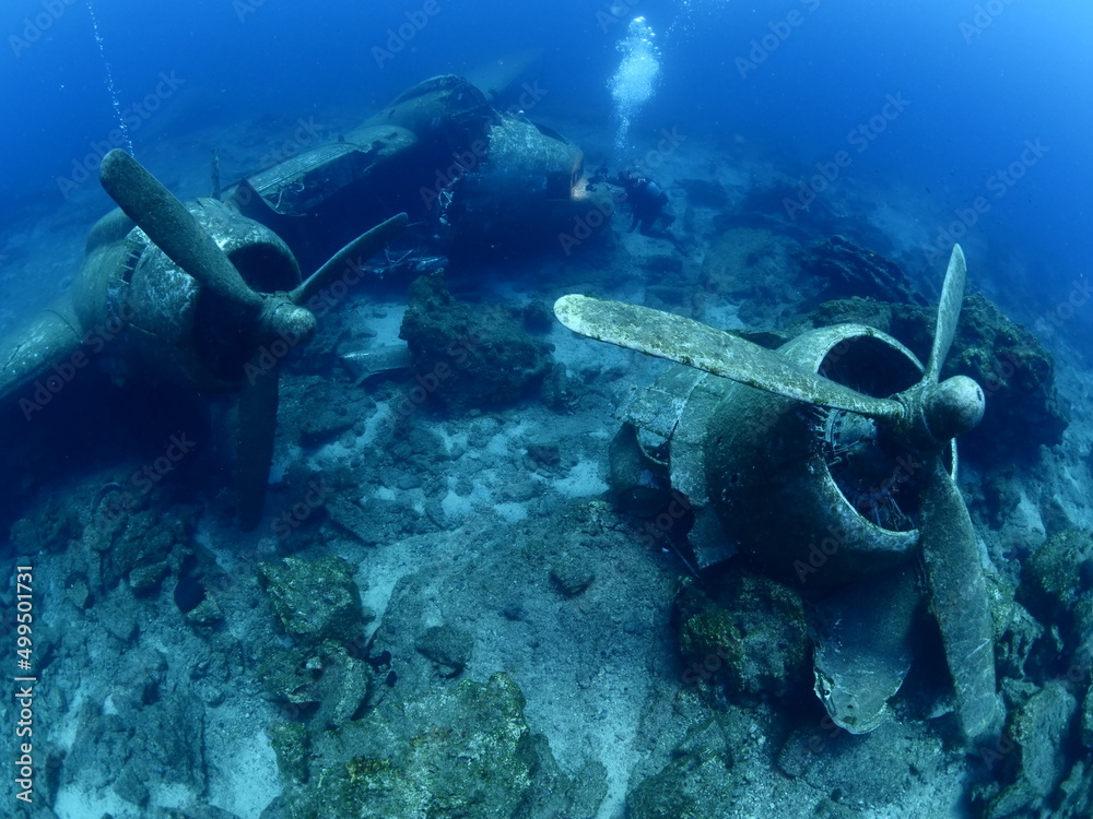 airplane wreck c47 dakota aircraft underwater propeller airplane engine ...