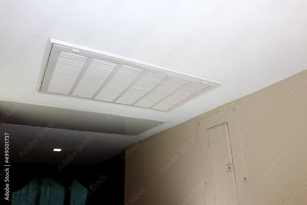 White Rectangle HVAC Air Return Vent Grill in a Home Ceiling Stock ...