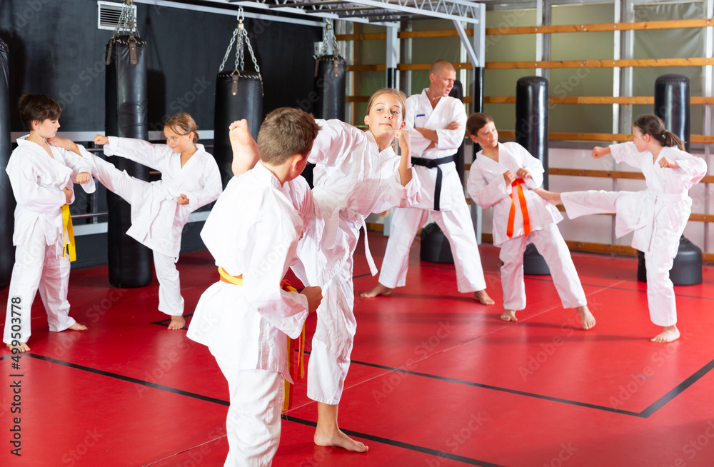 Diligent positive schoolchilds practicing kicks in pairs in karate ...