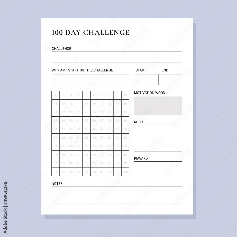 100 day challenge planner sheets daily tracker with motivation word and ...