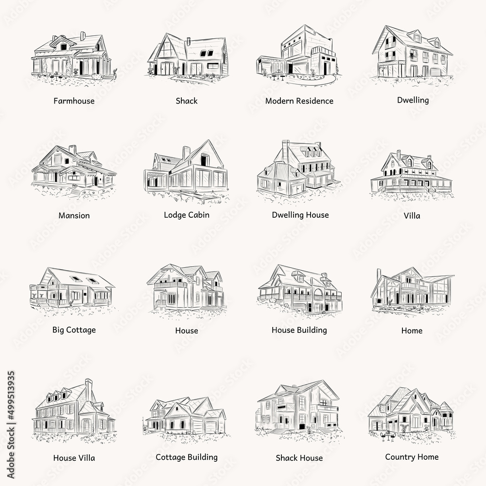 Collection of Residential Buildings Hand Drawn Illustrations Stock ...