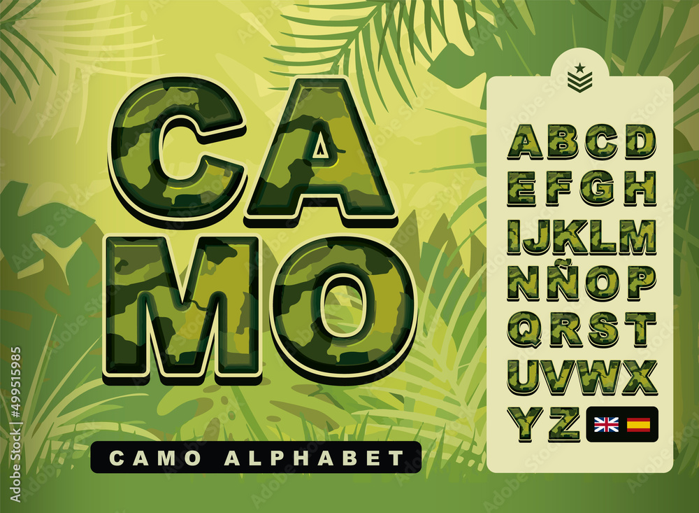 Camo alphabet font. Type letters and numbers in retro army style ...