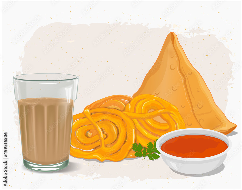 Samosa Jalebi and tea vector illustration with Red Tomato sauce Stock ...