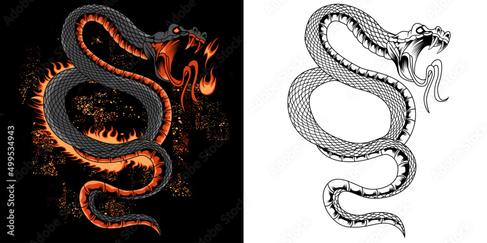Snake with fire. Colorful hand drawn vector illustration of snake Stock ...