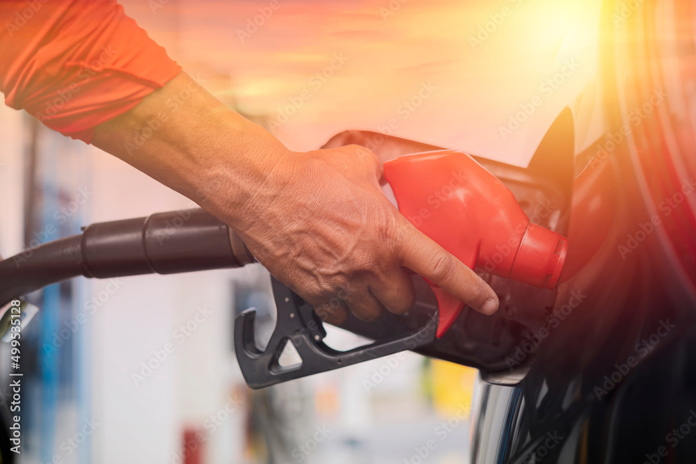 Car fueling at gas station. Refuel fill up with petrol gasoline. Petrol ...