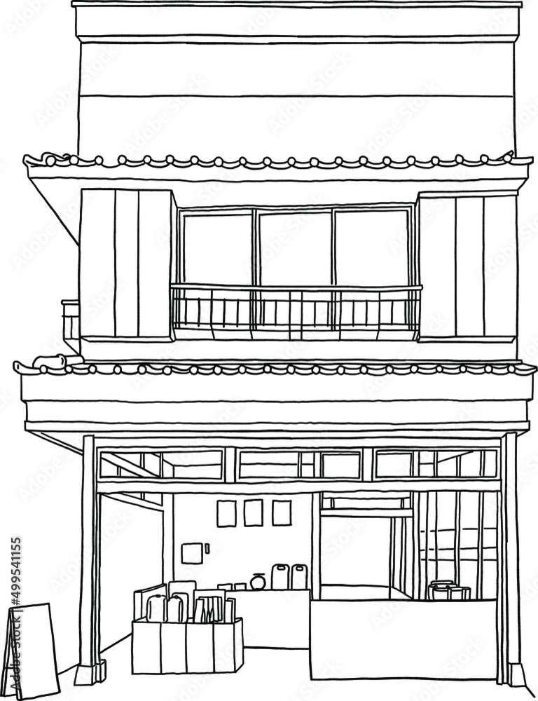 Japan small shop storefront Traditional House Hand drawn Line art ...