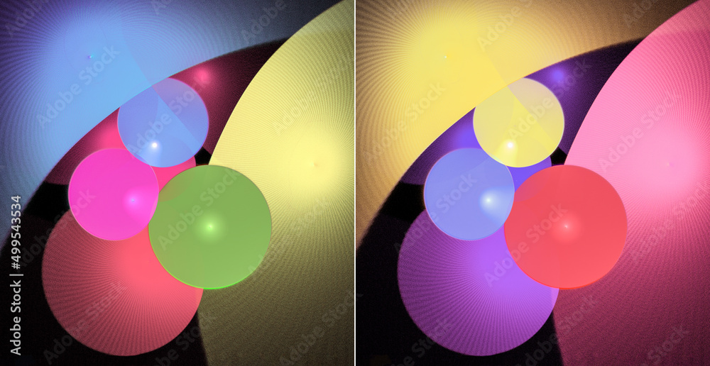 Bright multi-colored balls are illuminated and are located under the ...