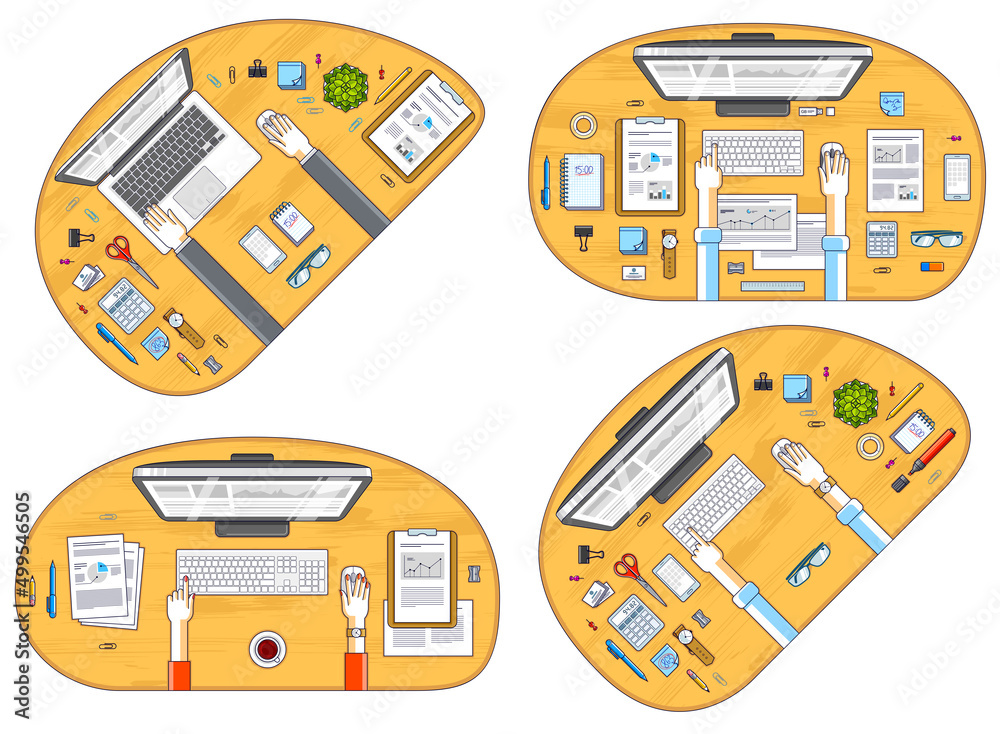 Office employees or entrepreneurs work desks workplaces with hands and ...