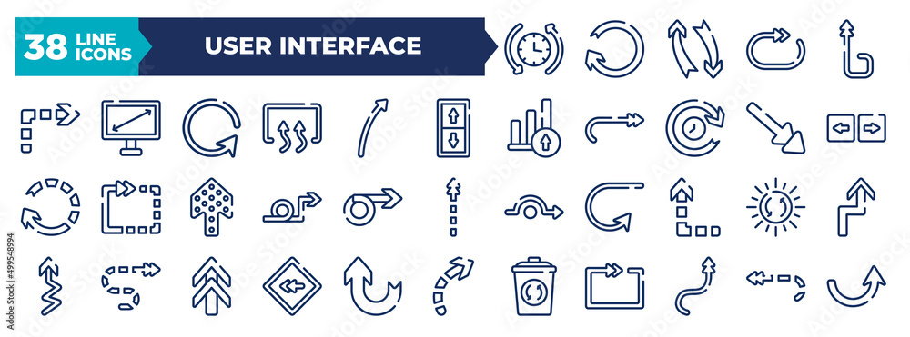 set of thin line user interface icons. outline icons such as circular arrow clock, turn right ...