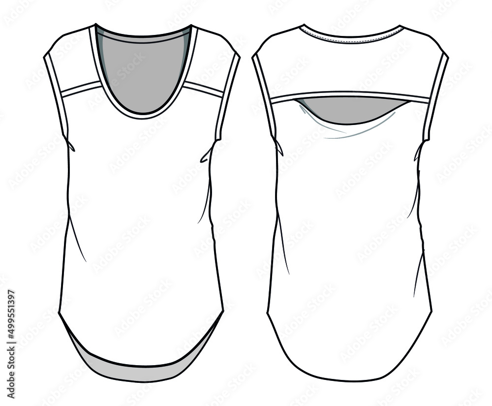 U-neck back long top with back yoke open Front and Back View. Fashion ...