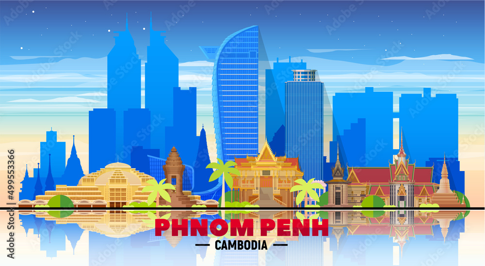 Phnom Penh (Cambodia) skyline on white background. Flat vector ...
