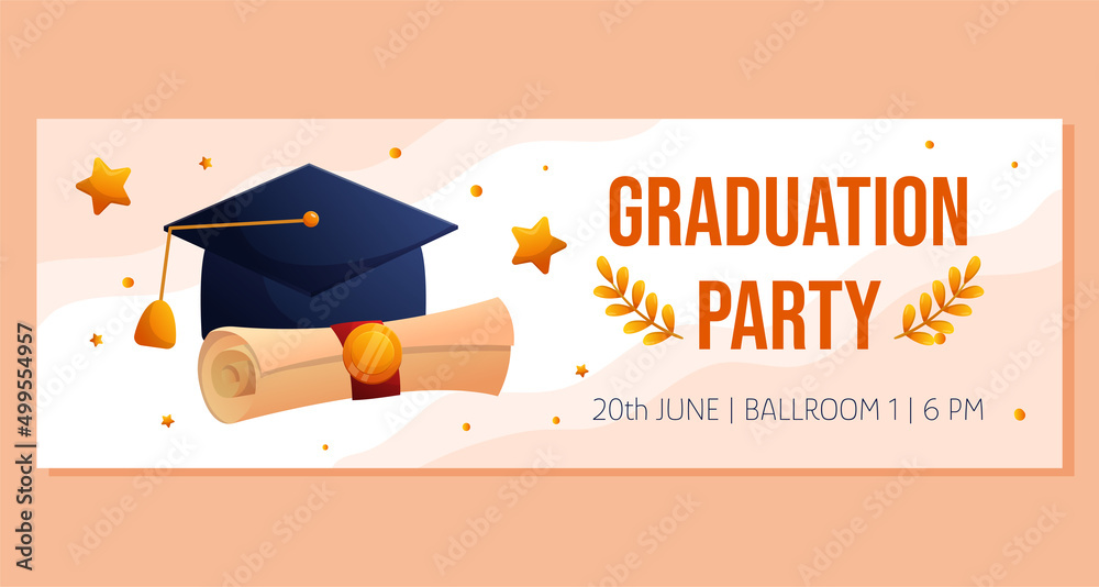 Graduation party horizontal banner with cap with tassels and scrip ...
