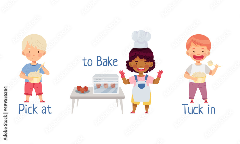 Cute little children cooking in the kitchen. Pick at, bake, tuck in ...