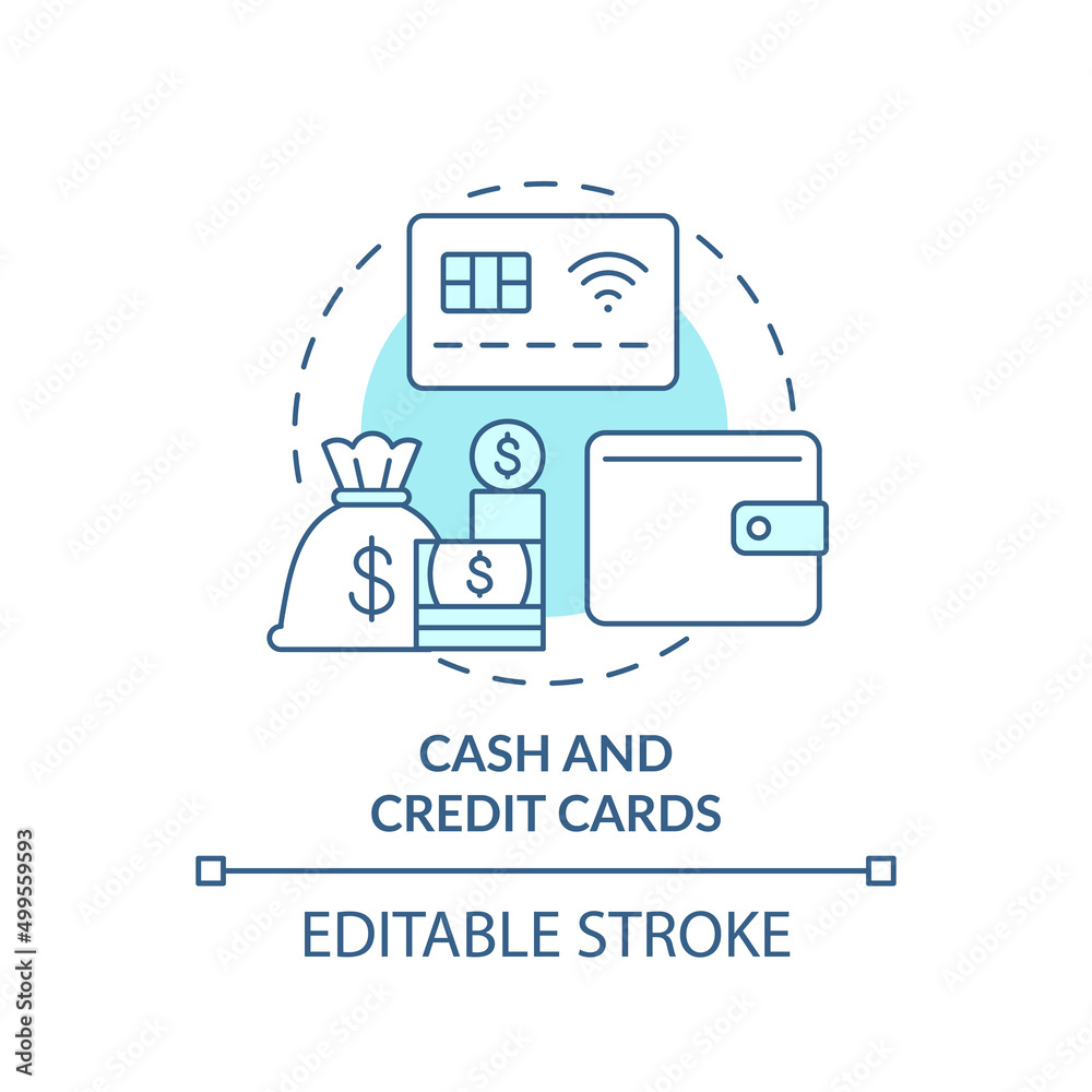 Cash and credit cards turquoise concept icon. Emergency preparedness abstract idea thin line ...