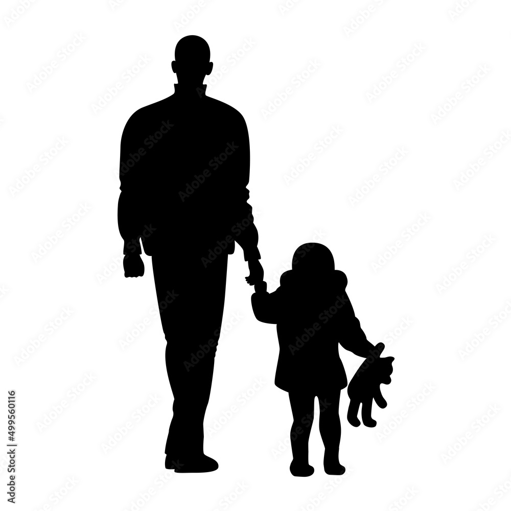 Silhouette dad with daughter walking vector illustration. Adult man ...