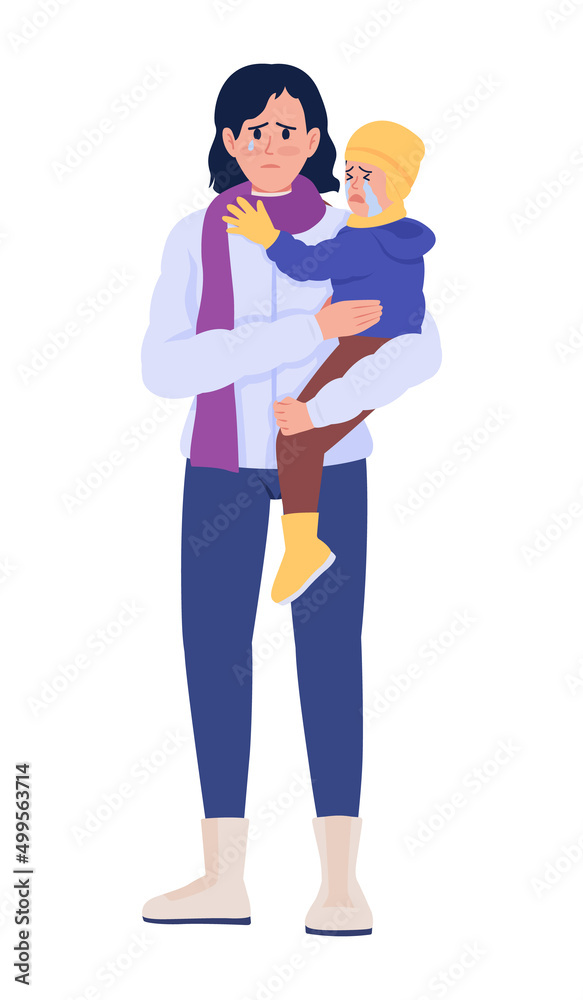 Female war victim holding weeping son semi flat color vector characters ...