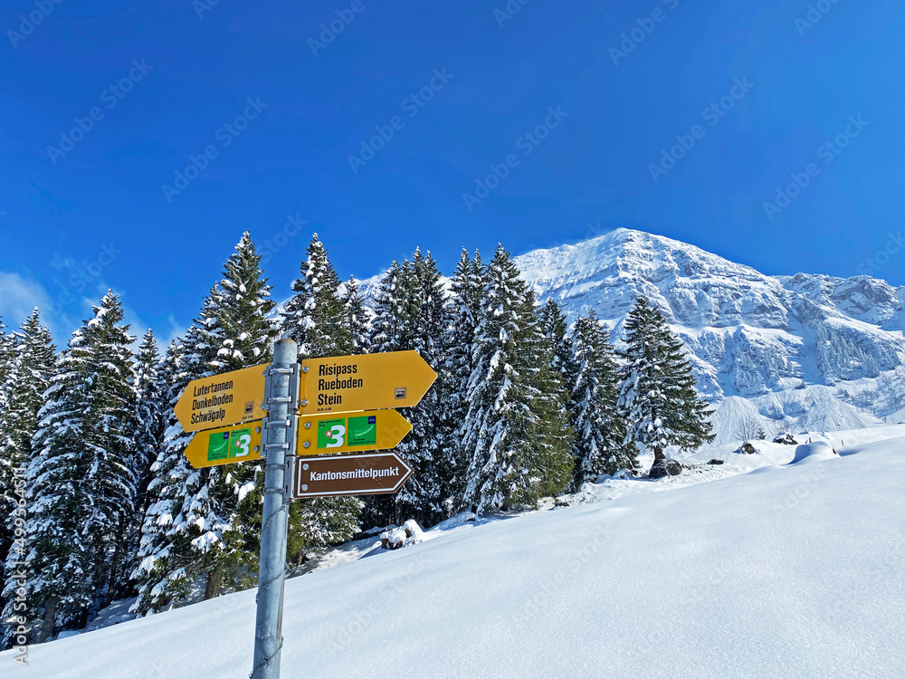 Hiking markings and orientation signs with signposts for navigating in ...
