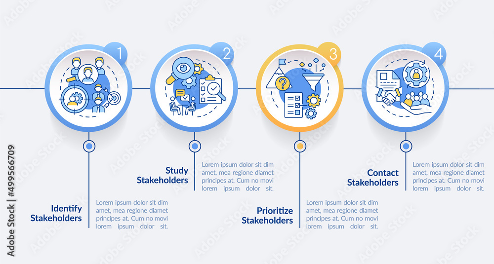 Steps of stakeholder relations circle infographic template. Data ...